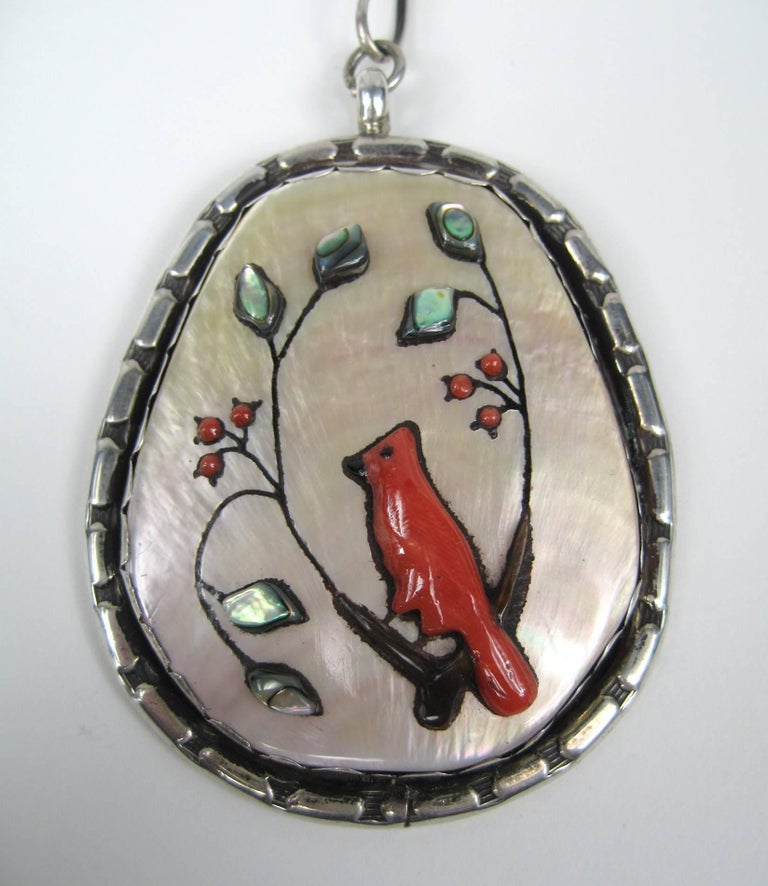 Native American Sterling Silver Zuni Shell Coral Cardinal Pendant with ...
