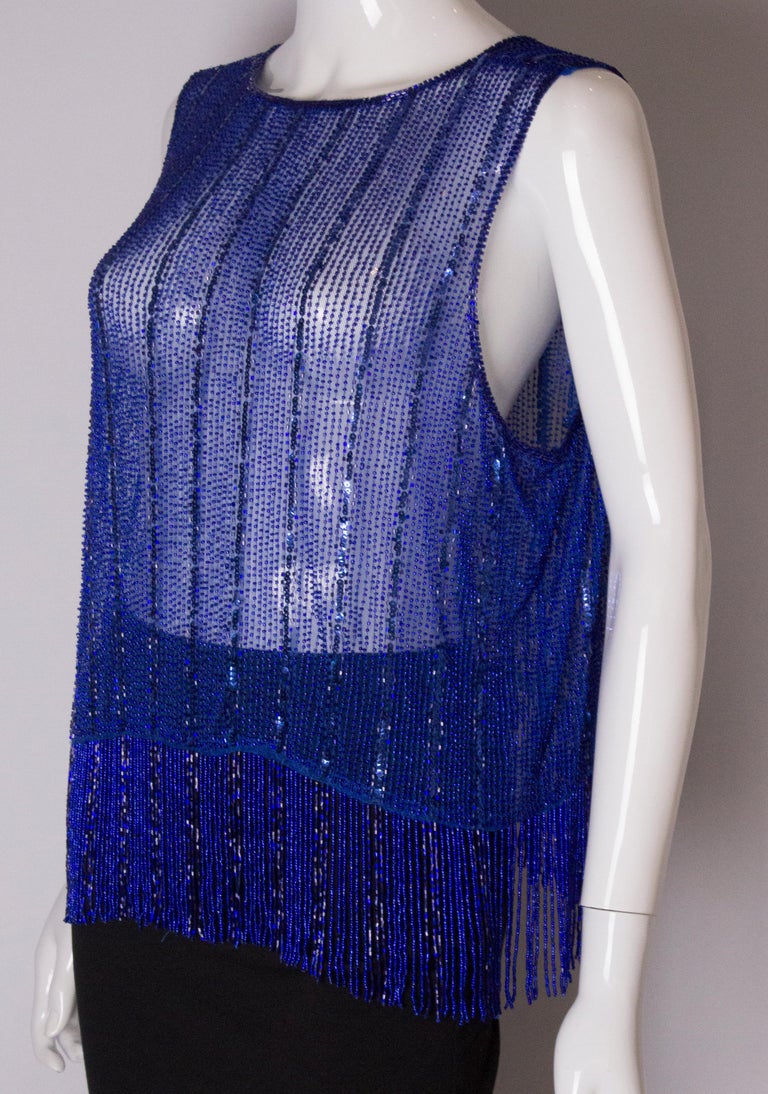 Blue Vintage Beaded and Sequined Shell Top at 1stDibs