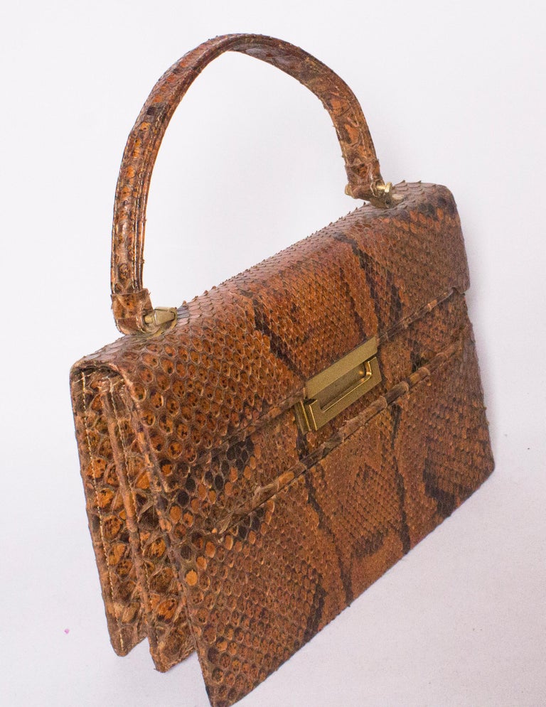 Tan and Brown Vintage Top handle Snakeskin Bag, 1940s at 1stDibs