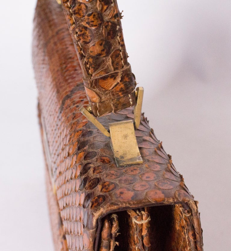 Tan and Brown Vintage Top handle Snakeskin Bag, 1940s at 1stDibs