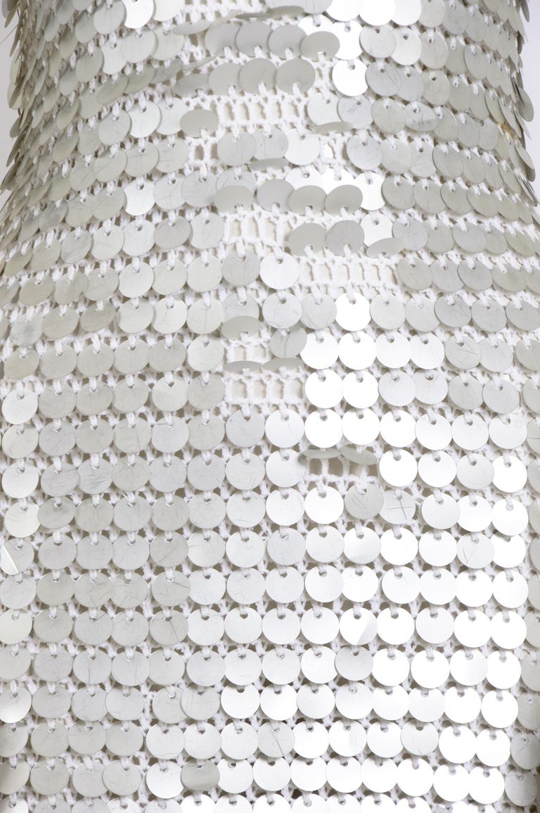 Vintage 1970 sheer white crochet and silver metallic disc sequins slip ...
