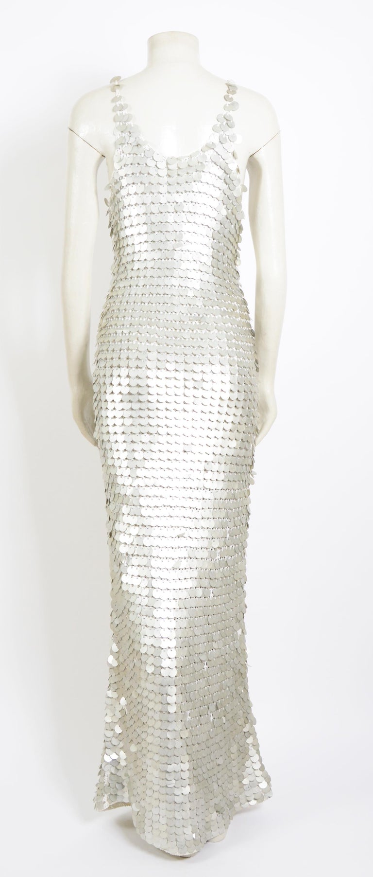 Vintage 1970 sheer white crochet and silver metallic disc sequins slip ...