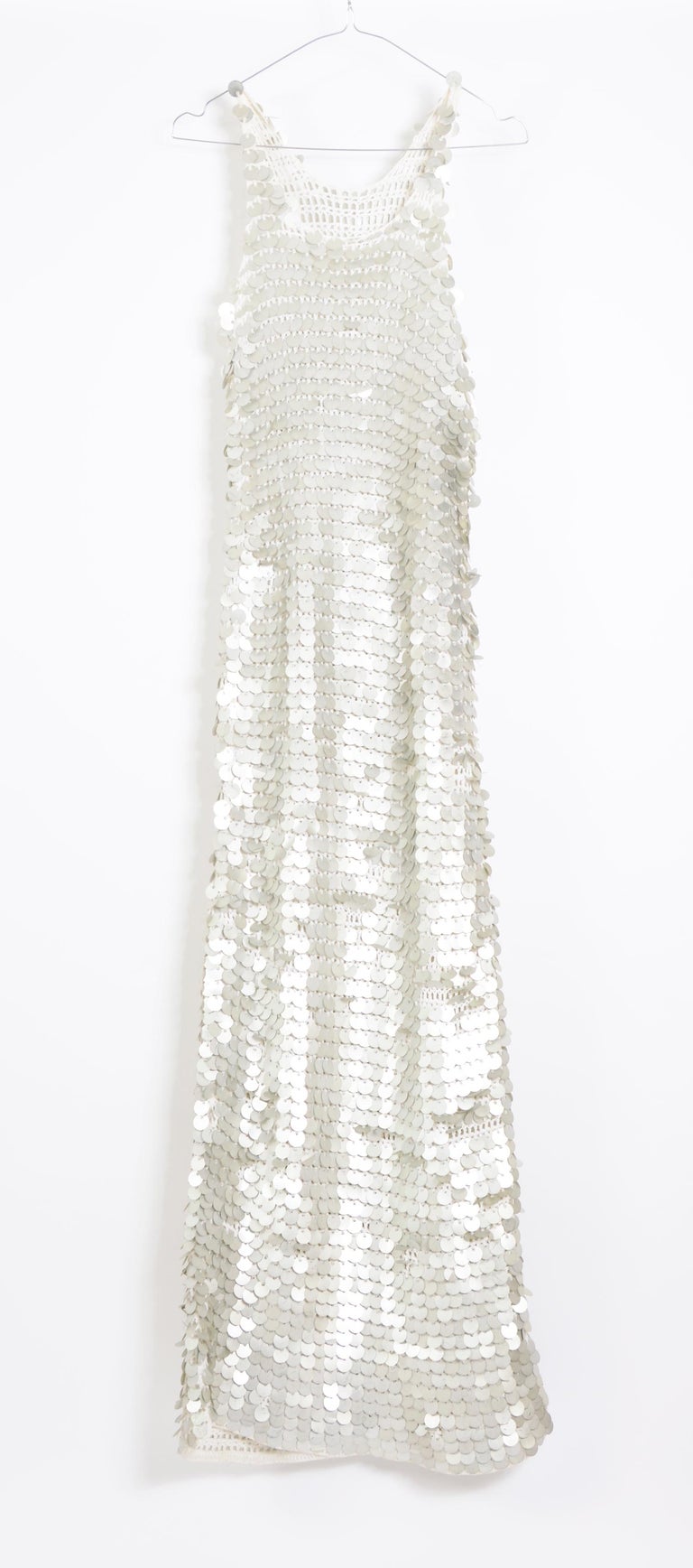 Vintage 1970 sheer white crochet and silver metallic disc sequins slip ...