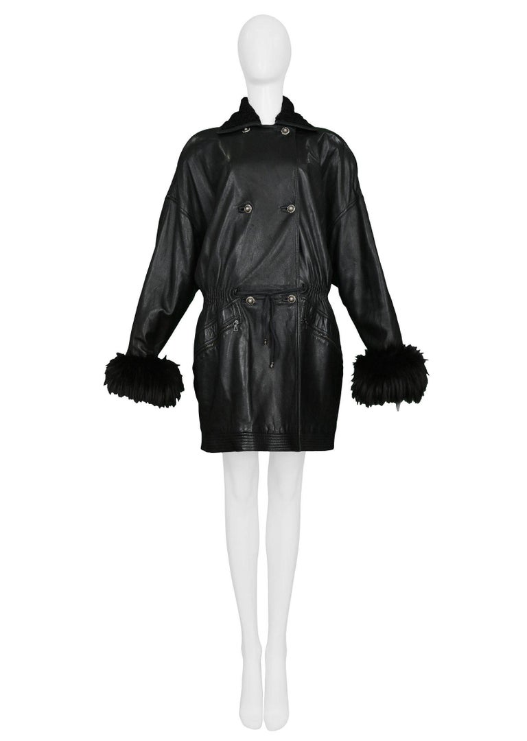 Vintage Gianni Versace Black Leather Parka Coat with Fur Cuffs and ...