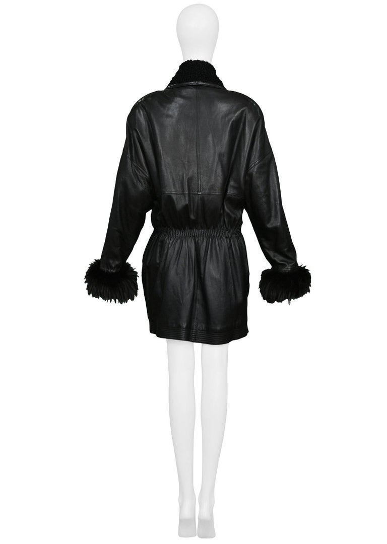 Vintage Gianni Versace Black Leather Parka Coat with Fur Cuffs and ...
