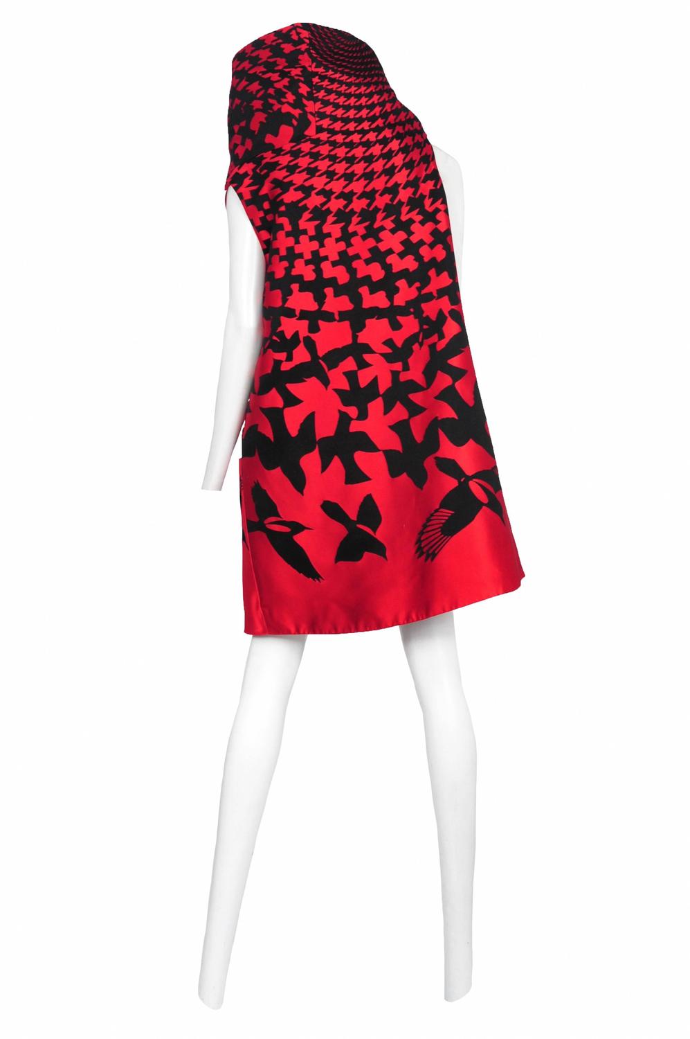 McQueen Red Satin Bird Motif Dress at 1stdibs