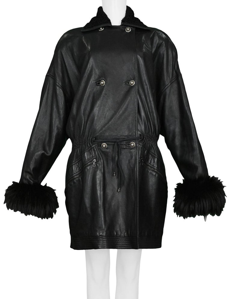 Vintage Gianni Versace Black Leather Parka Coat with Fur Cuffs and ...