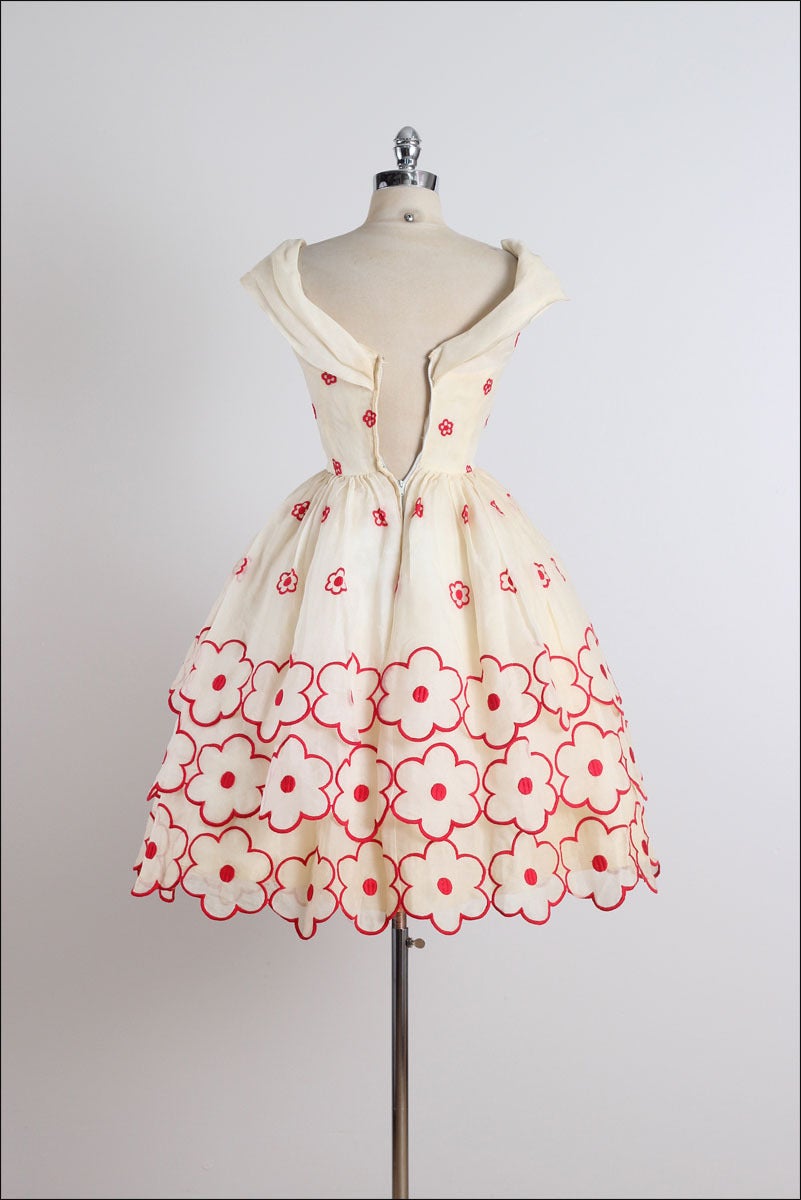 1950s Whimsical Floral Embroidered Organza Dress at 1stDibs
