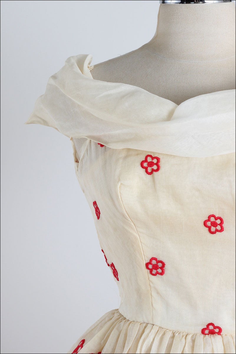 1950s Whimsical Floral Embroidered Organza Dress at 1stDibs