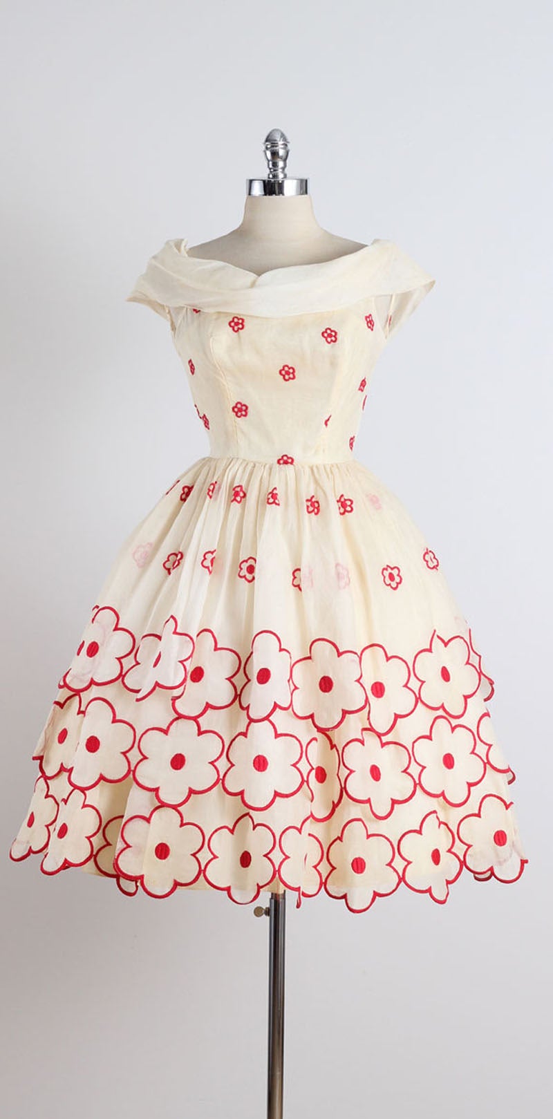 1950s Whimsical Floral Embroidered Organza Dress at 1stDibs