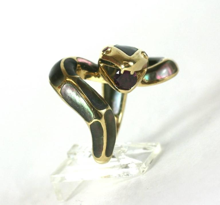 Unusual Mother of Pearl Inlaid Snake Ring at 1stDibs