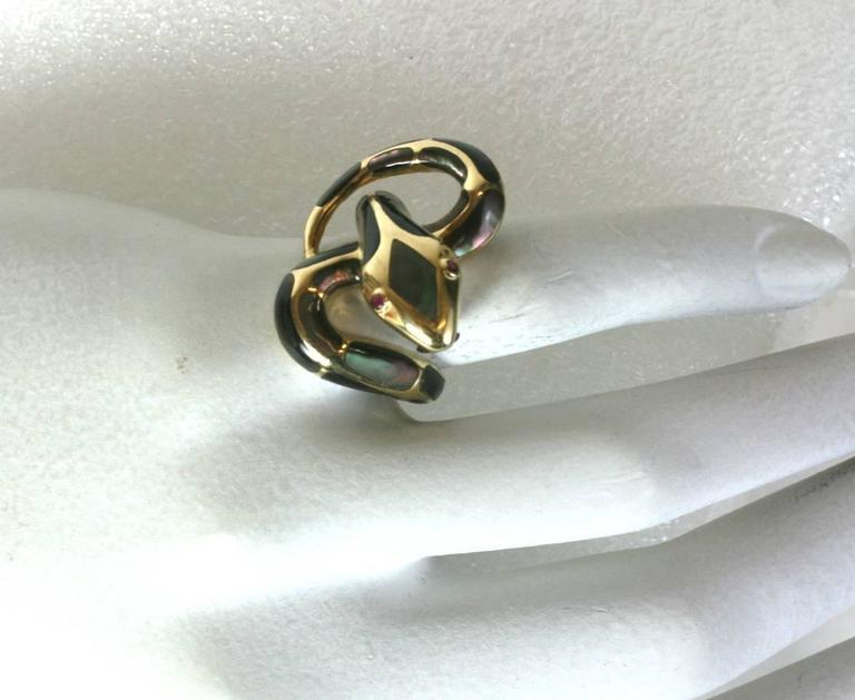 Unusual Mother of Pearl Inlaid Snake Ring at 1stDibs
