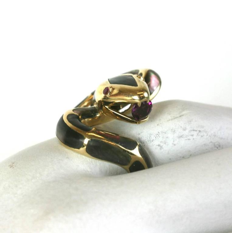 Unusual Mother of Pearl Inlaid Snake Ring at 1stDibs