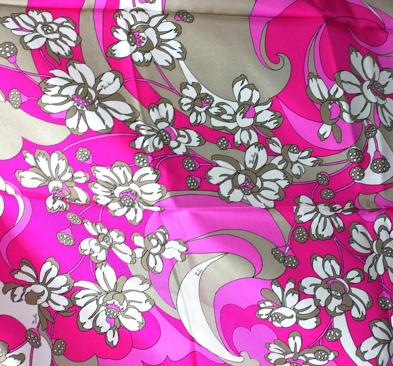 Emilio Pucci Hot Pink Floral Scarf For Sale at 1stdibs