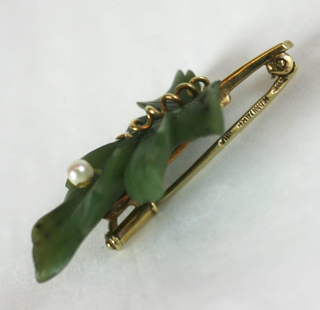 Charming Jade Leaf and Cultured Pearl Brooch at 1stdibs