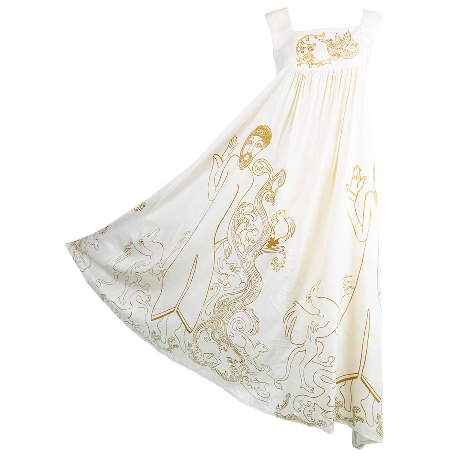 Medieval Printed Cream Silk Column Dress, 1970s at 1stDibs