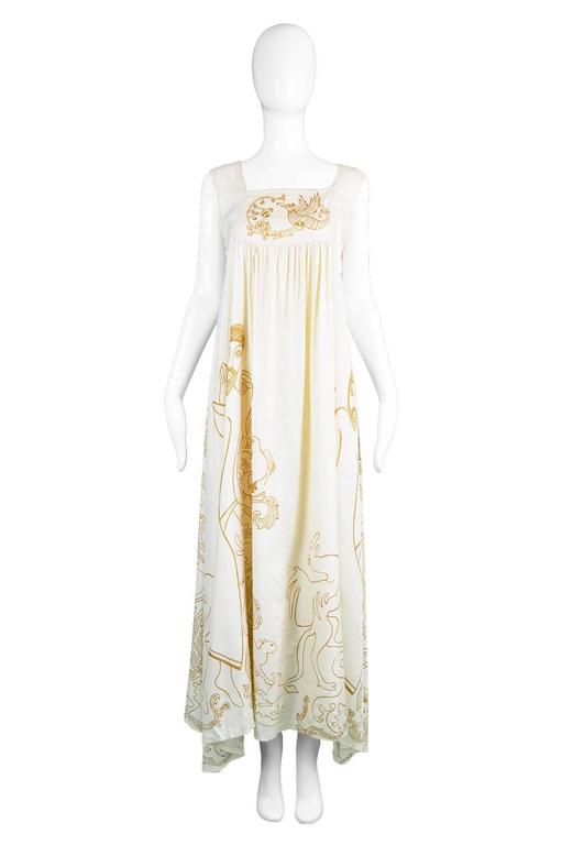 Medieval Printed Cream Silk Column Dress, 1970s at 1stDibs