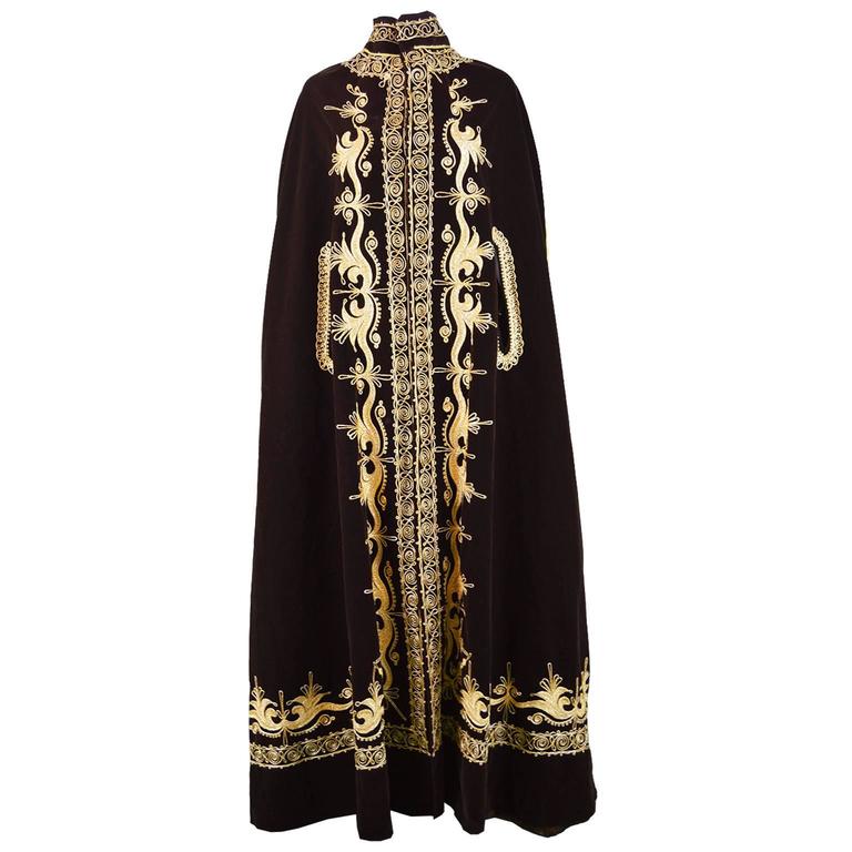 Brown Velvet Full Length Vintage Gold Embroidered Cape, 1970s at ...