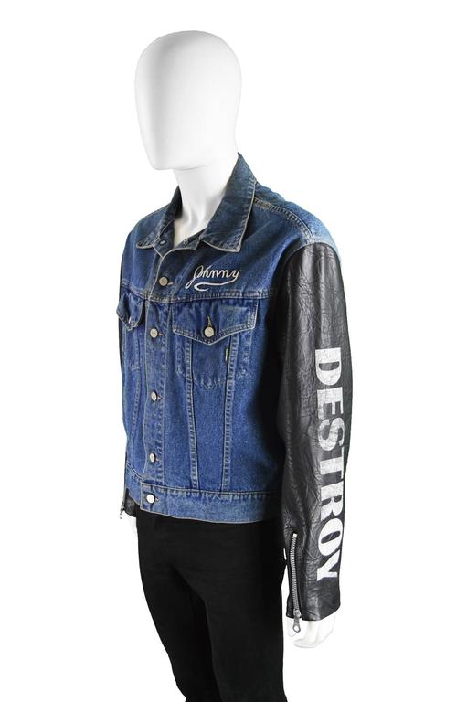 John Richmond Destroy Men's Denim Jacket with Faux Leather Sleeves ...
