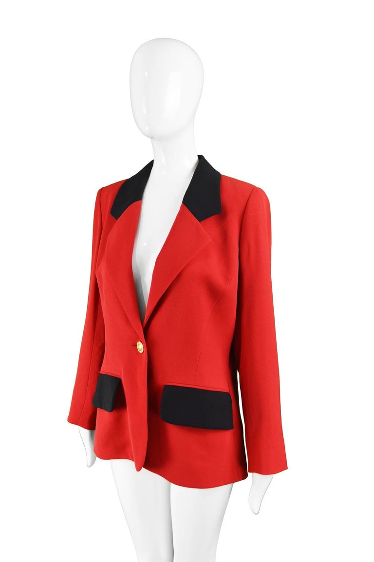 Celine Vintage Red and Black Pure Wool Riding Style Blazer Jacket ...