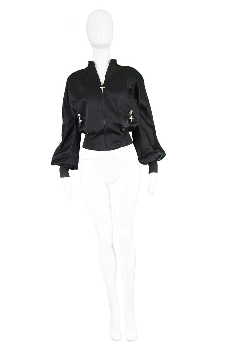 Thierry Mugler Vintage Women's Black Satin Crop Bomber Flight Jacket ...