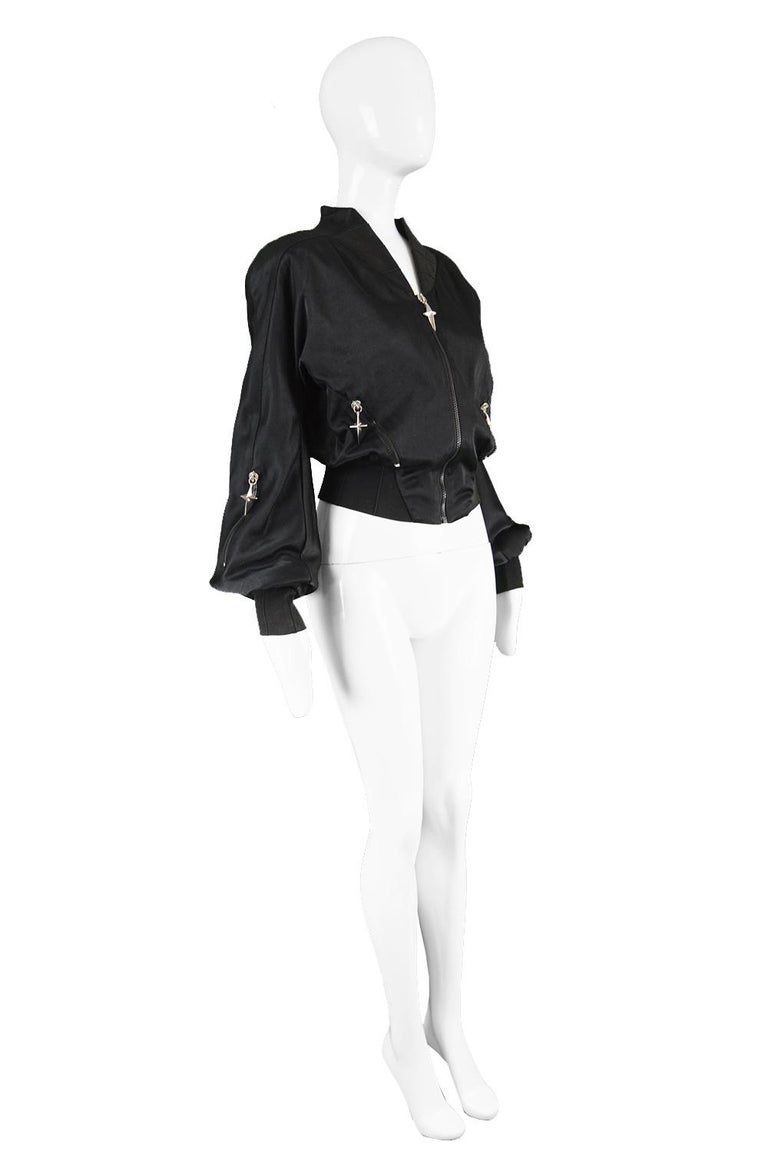 Thierry Mugler Vintage Women's Black Satin Crop Bomber Flight Jacket ...