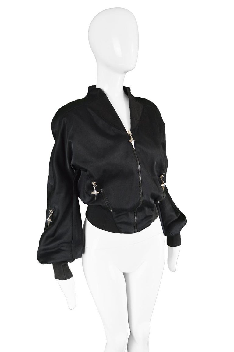 Thierry Mugler Vintage Women's Black Satin Crop Bomber Flight Jacket ...