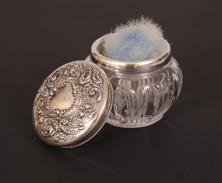 Sterling Silver and Cut Glass Oversized Dresser Jar with Powder Puff ...