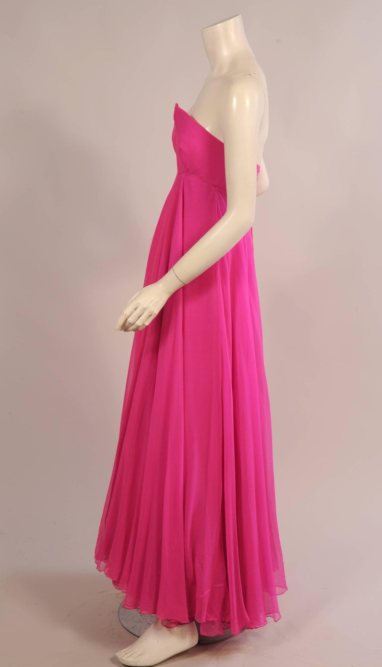 Shocking Pink Strapless Silk Chiffon Evening Gown 1970's at 1stDibs
