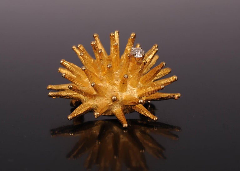 Gold Sea Urchin Pin with Diamond at 1stDibs