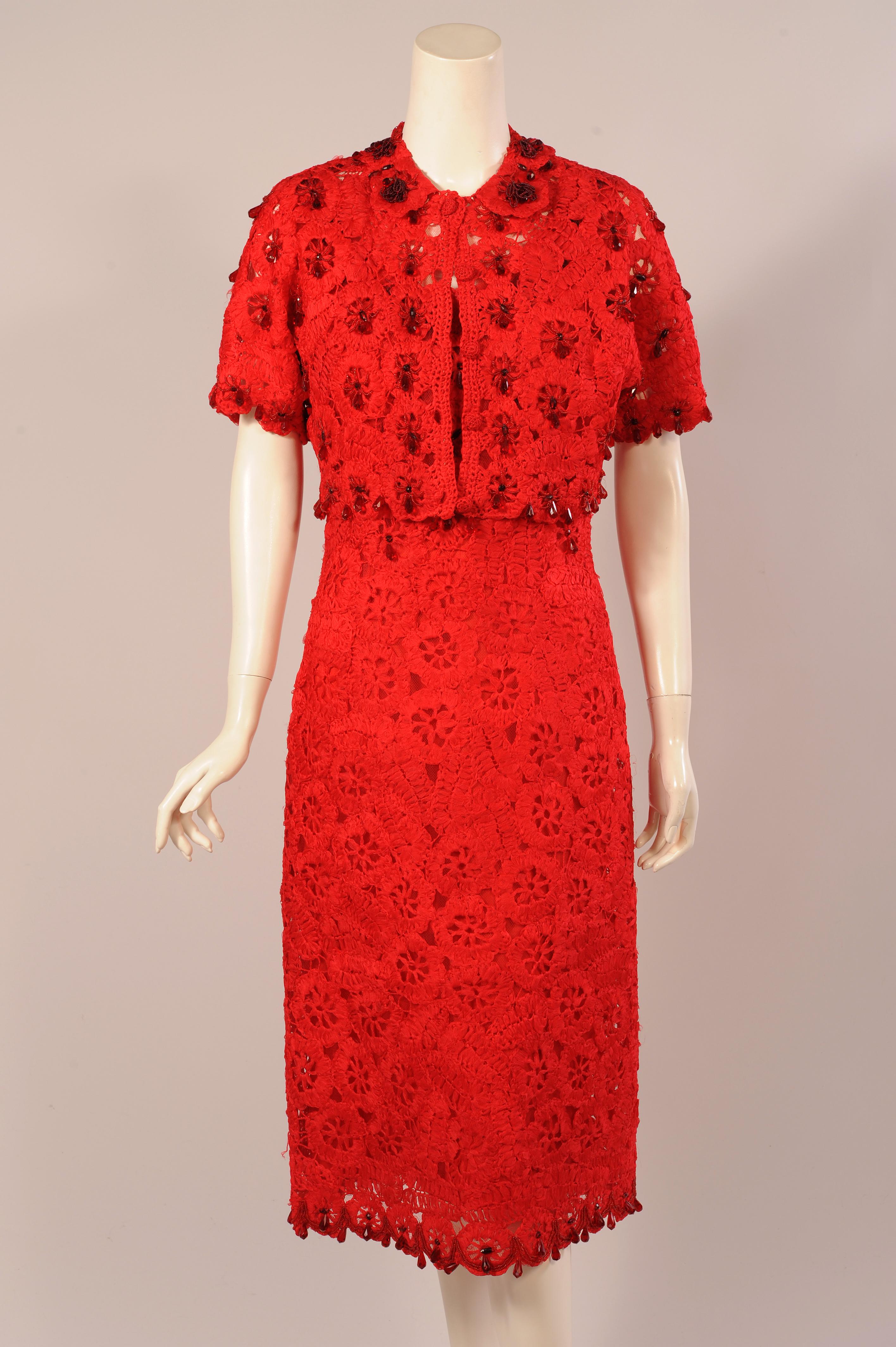 Anna Giovannozzi Italian Five Piece Beaded Red Silk Ribbon Dress, Wear ...