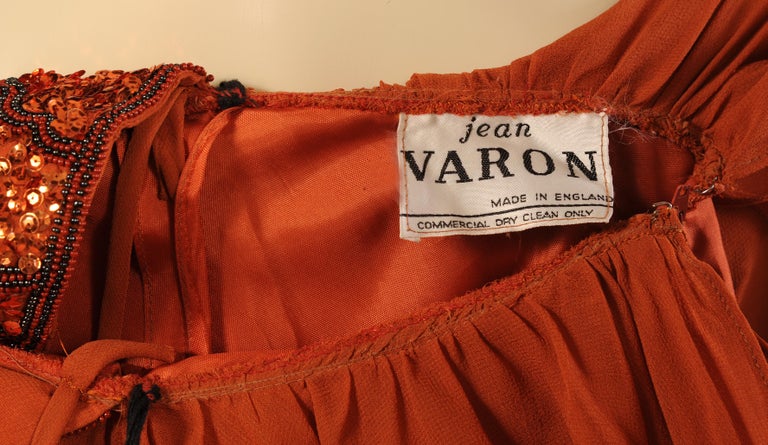 Jean Varon Cinnamon Chiffon Gown with Beaded Top, 1970s at 1stDibs
