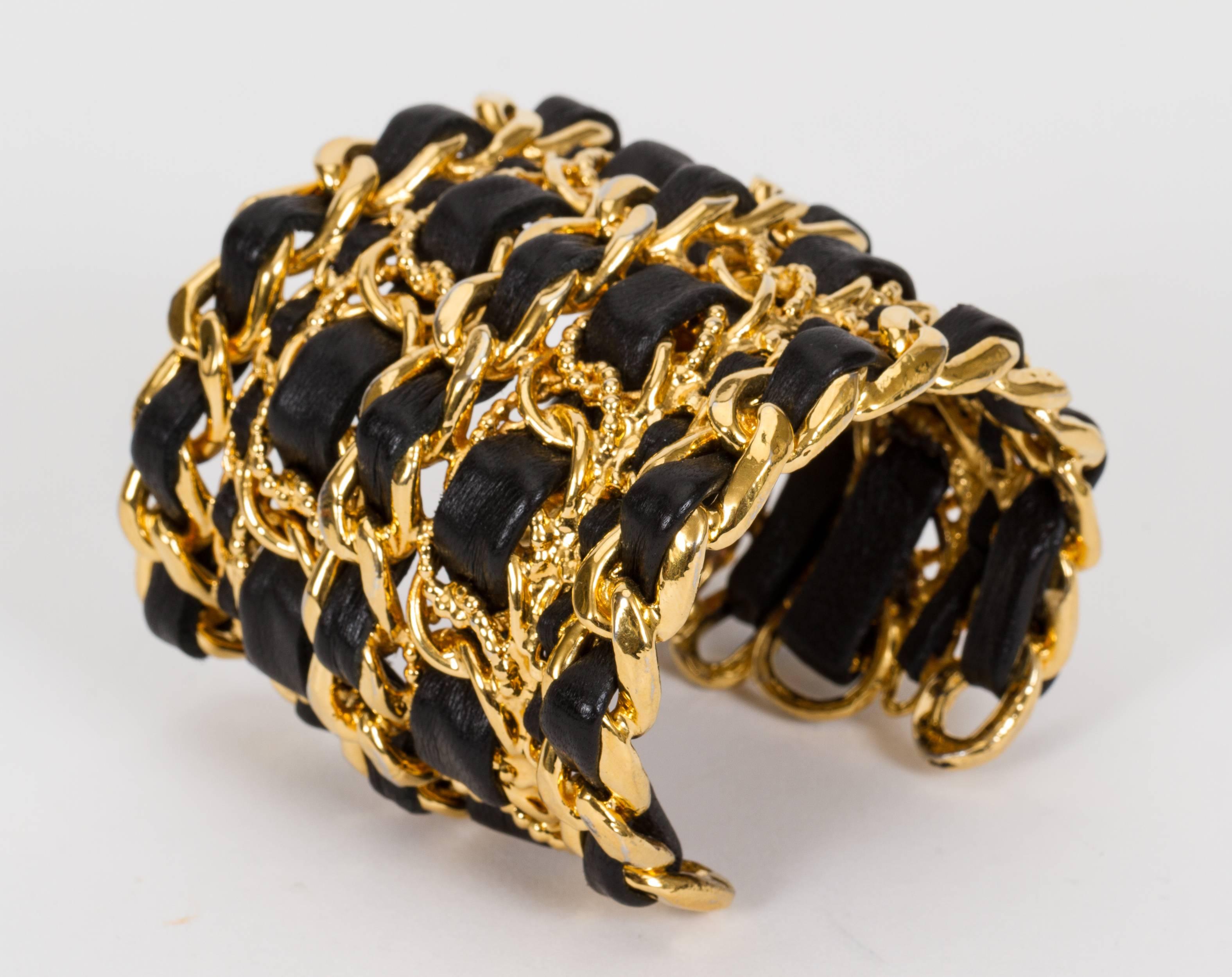 Chanel Rare 1980's Oversized Leather Chain Cuff Bracelet at 1stDibs