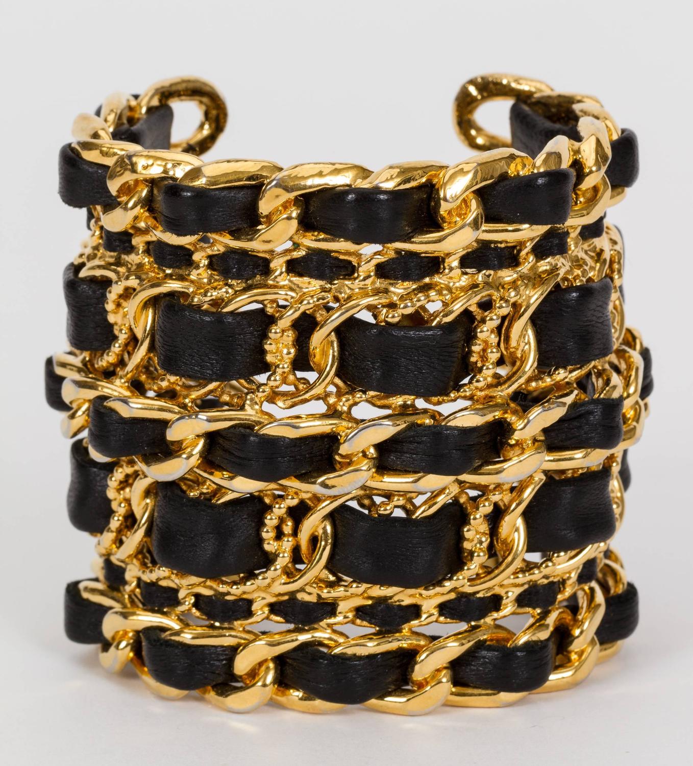 Chanel Rare 1980's Oversized Leather Chain Cuff Bracelet at 1stdibs