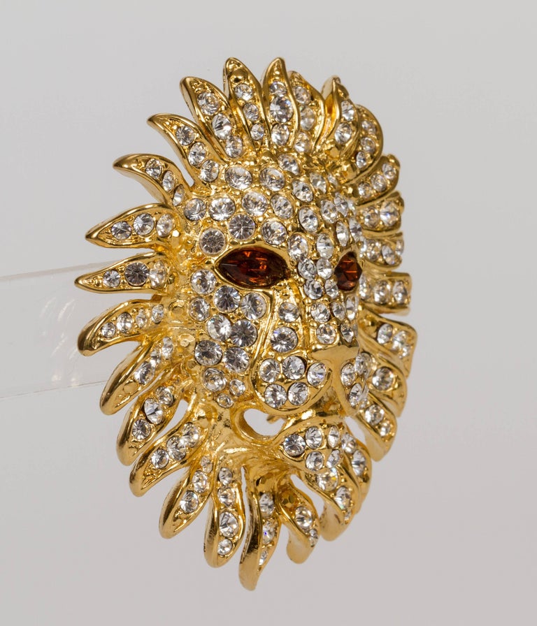 1980's Kenneth Jay Lane Gold Plated Rhinestone Lion Pin at 1stDibs
