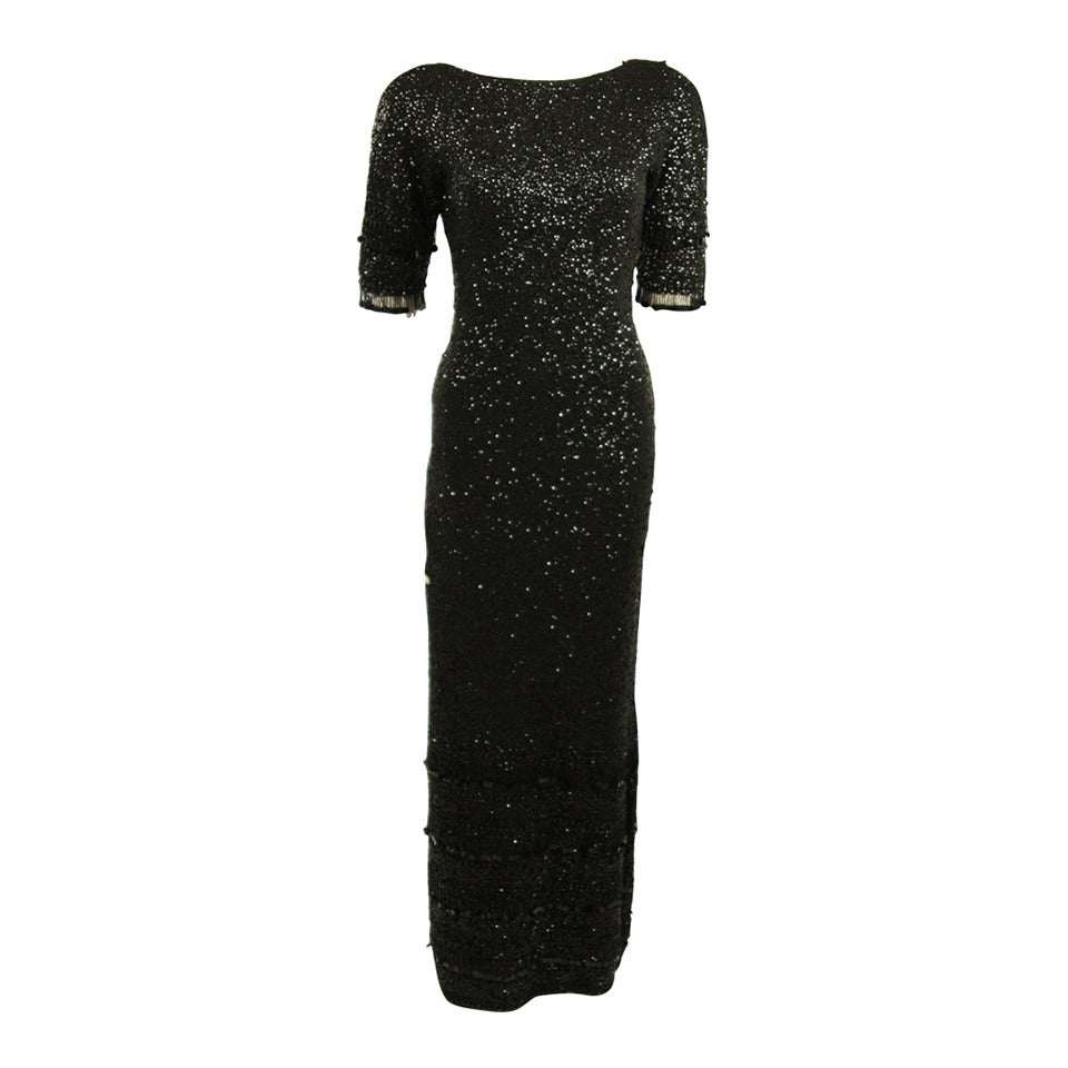 Black Sequined Full Length Gown with Fringe at 1stDibs