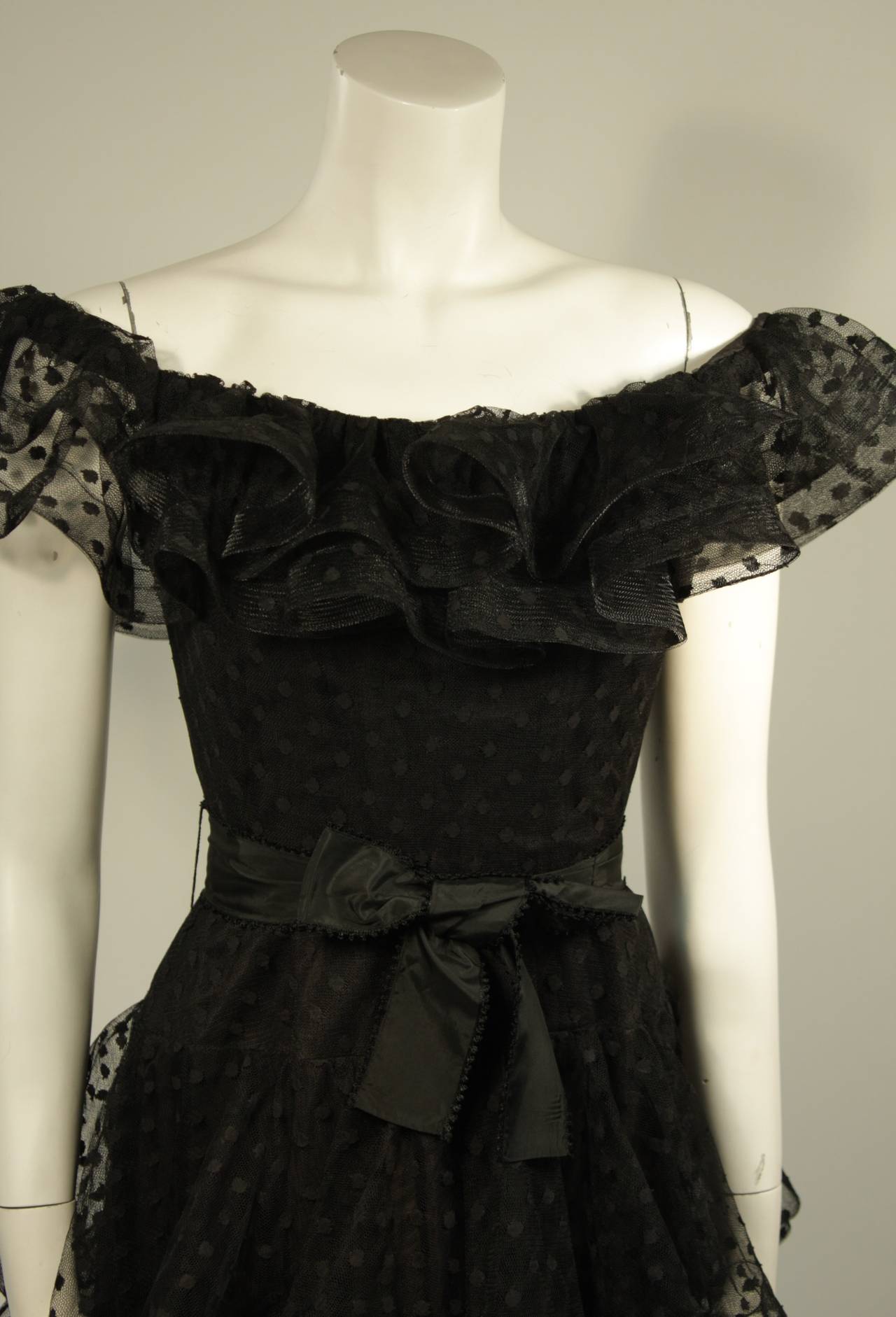 Scassi Black Ruffled Polka Dot Mesh Cocktail Dress Size 10 at 1stDibs