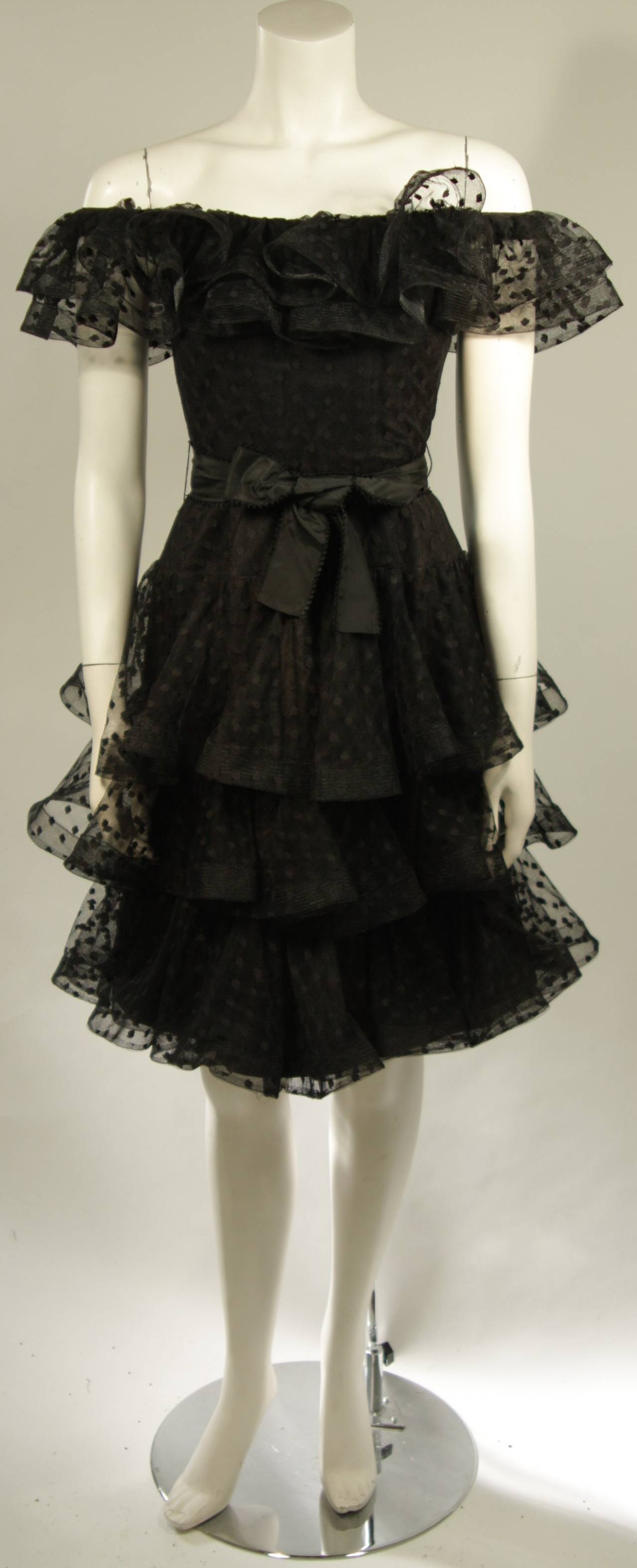 Scassi Black Ruffled Polka Dot Mesh Cocktail Dress Size 10 at 1stDibs