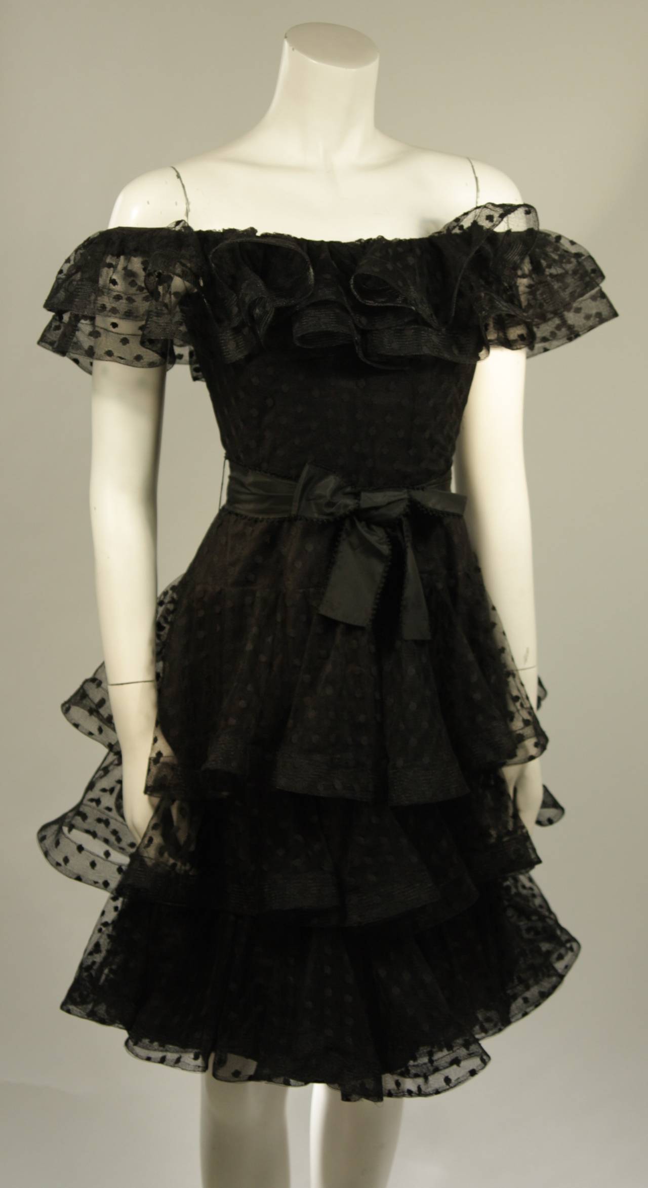 Scassi Black Ruffled Polka Dot Mesh Cocktail Dress Size 10 at 1stDibs