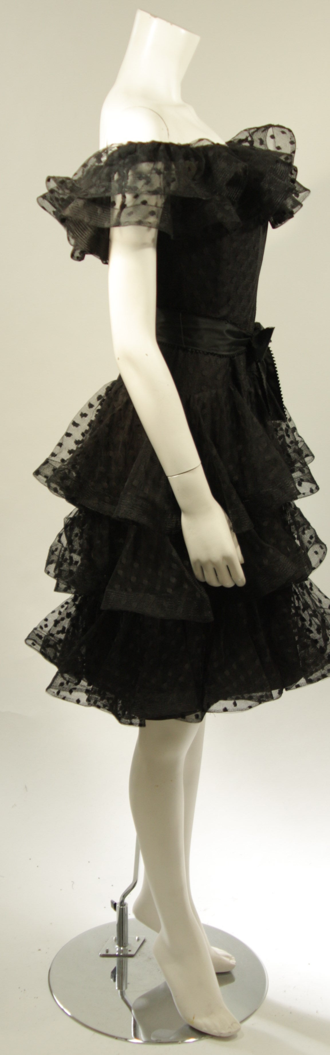 Scassi Black Ruffled Polka Dot Mesh Cocktail Dress Size 10 at 1stDibs