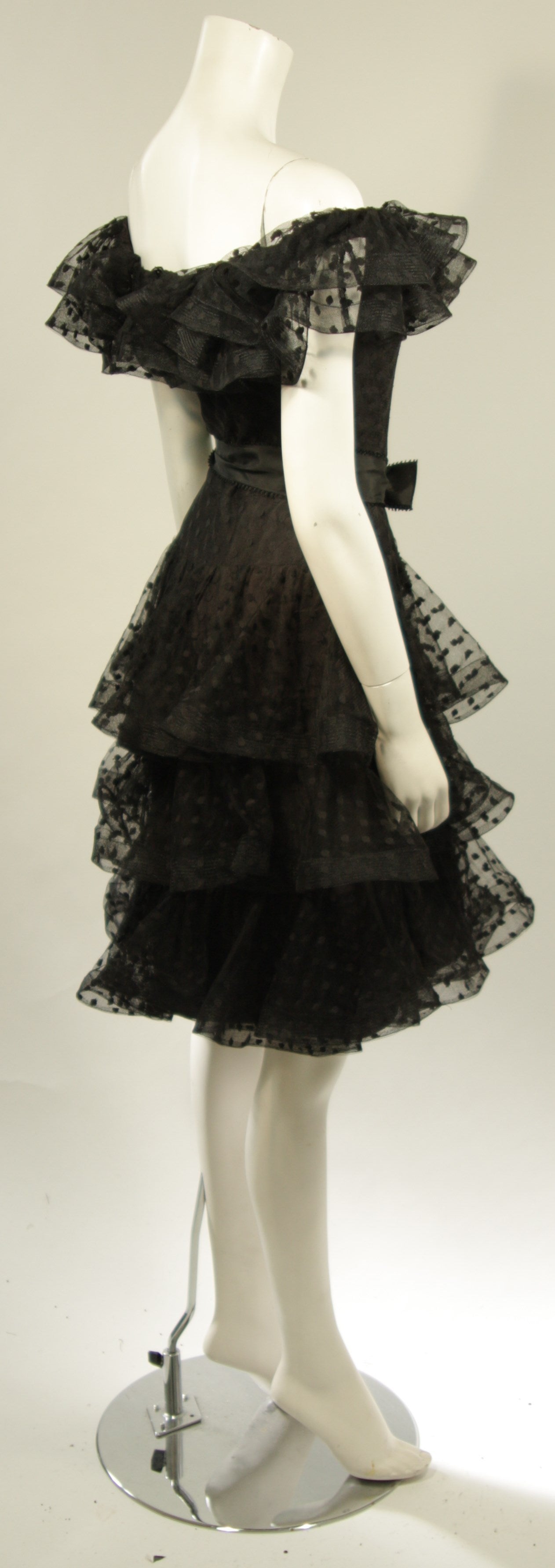 Scassi Black Ruffled Polka Dot Mesh Cocktail Dress Size 10 at 1stDibs