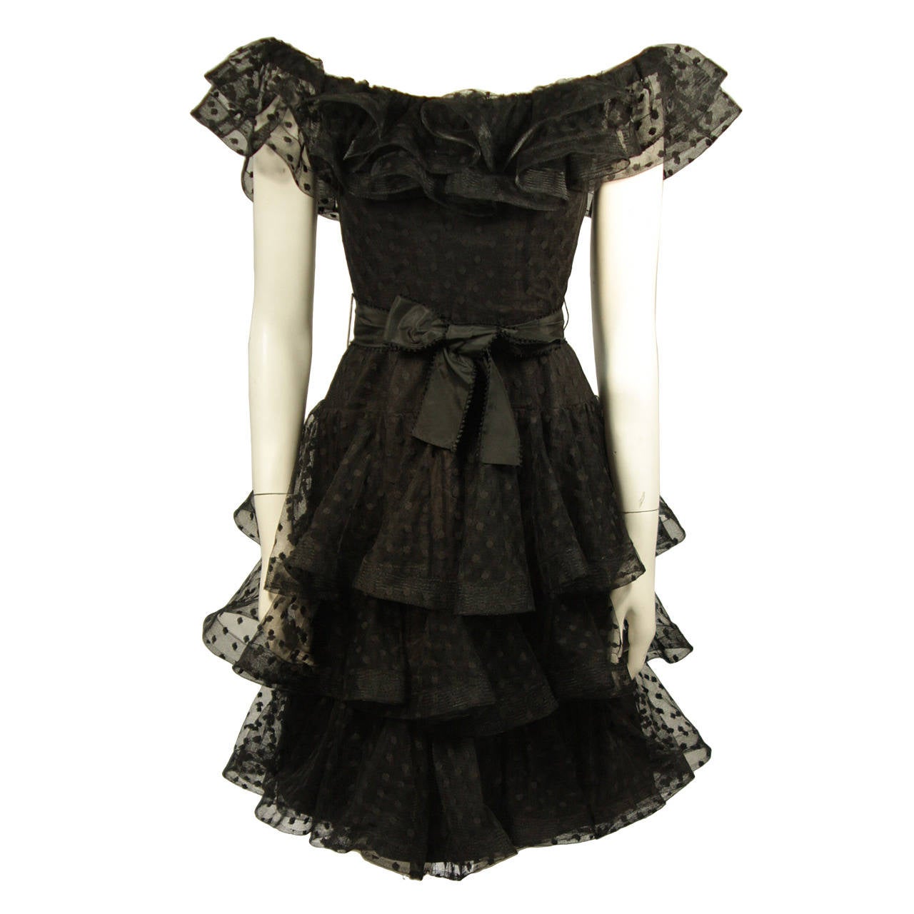 Scassi Black Ruffled Polka Dot Mesh Cocktail Dress Size 10 at 1stDibs
