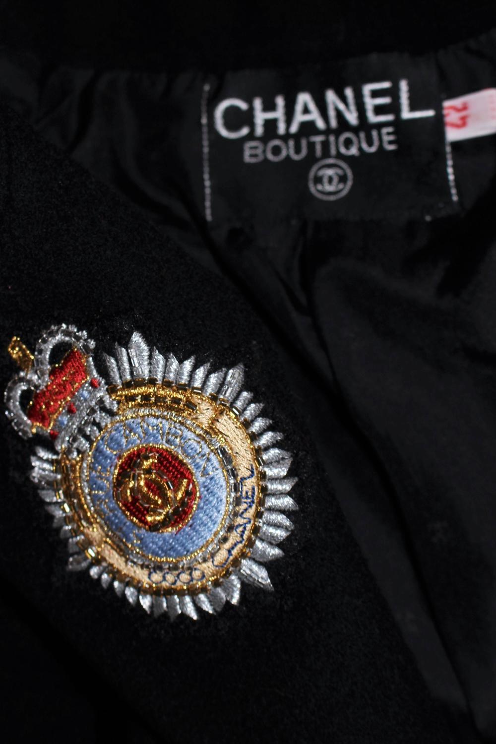 CHANEL BOUTIQUE RARE Beaded Coat of Arms Patch Black Cashmere Blazer ...