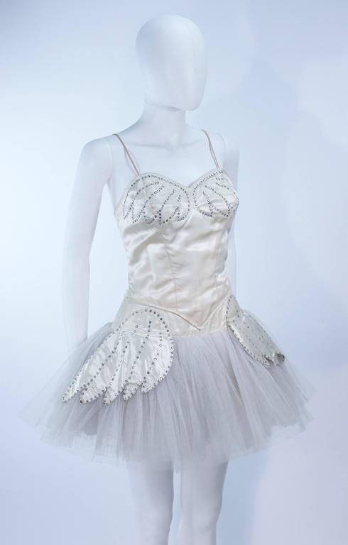 Ivory Satin and Rhinestone Burlesque Costume with Tulle Skirt Size 2 4 ...