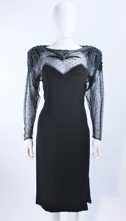 FRANK COMPOSTO Black Cocktail Dress with Sheer Beaded Sleeves Size 8 ...