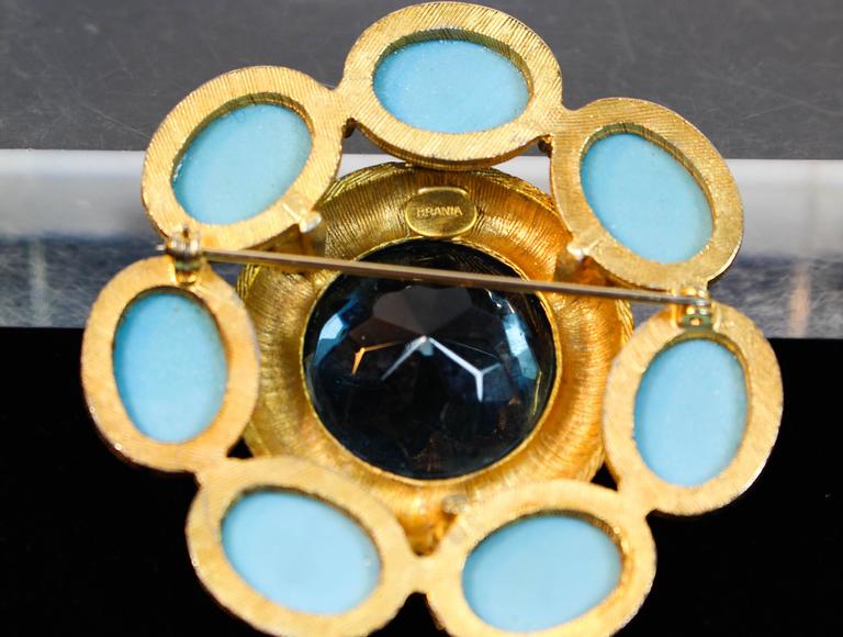 Briana Turquoise and Gold Hue Brooch with Rhinestones at 1stDibs