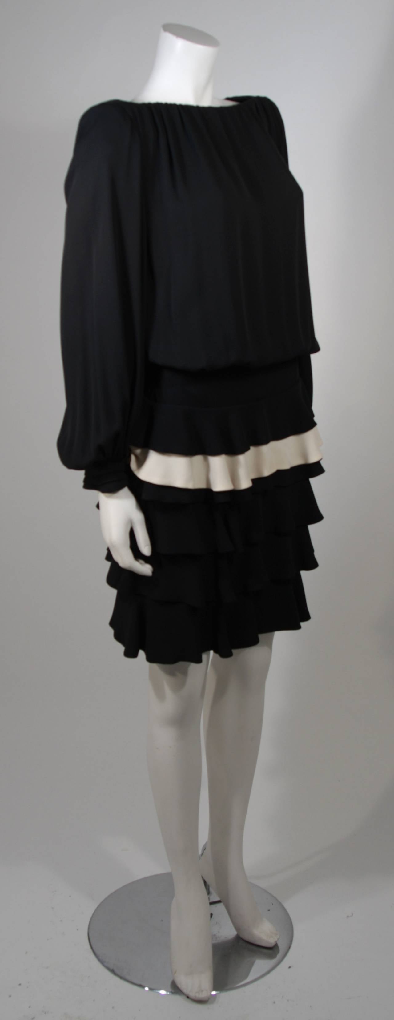 Galanos Black and Cream Ruffled Cocktail Dress with Dramatic Neckline ...