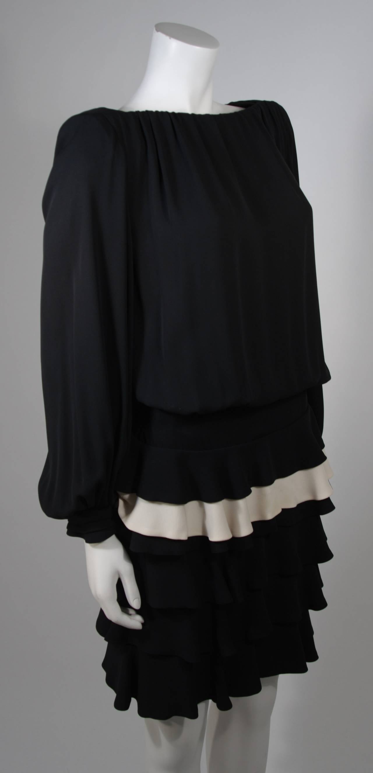 Galanos Black and Cream Ruffled Cocktail Dress with Dramatic Neckline ...