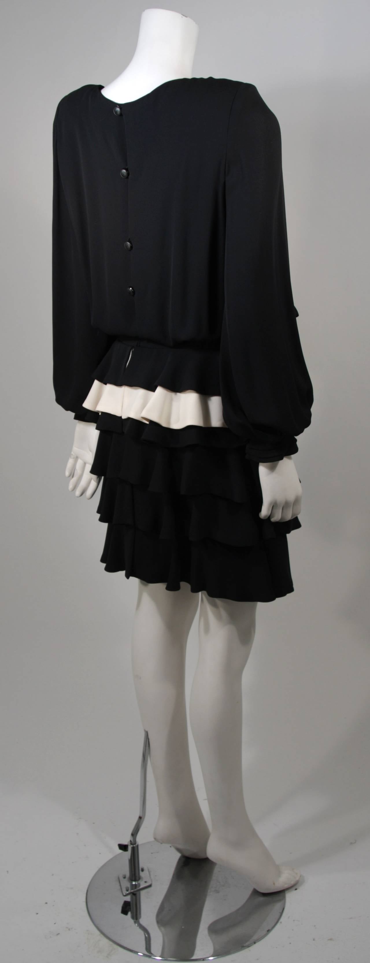 Galanos Black and Cream Ruffled Cocktail Dress with Dramatic Neckline ...