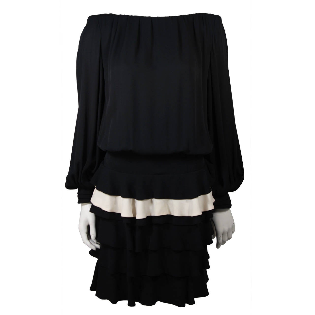 Galanos Black and Cream Ruffled Cocktail Dress with Dramatic Neckline ...